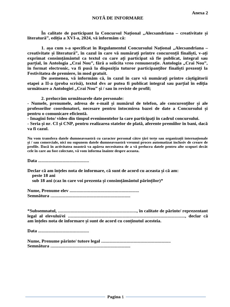 Anexa 2 - Nota de Informare | PDF