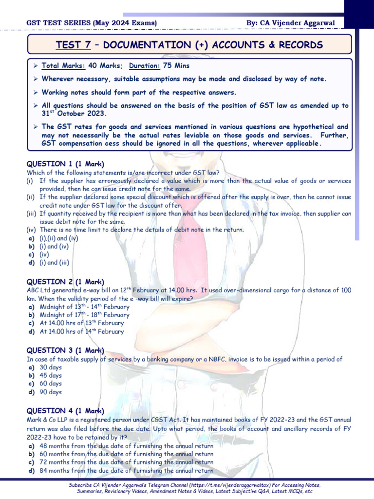 CA-Inter GST Test 7 - Documentation Under GST (+) Accounts & Records ...