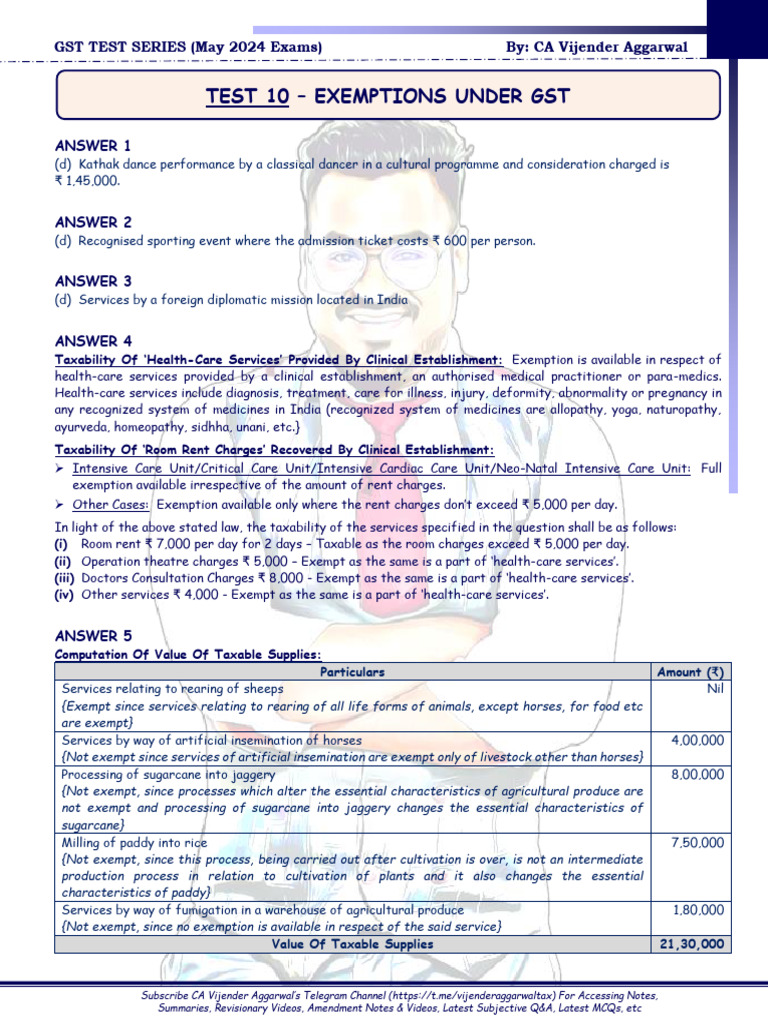 CA-Inter GST Test 10 - Exemptions Under GST (Solutions) | PDF