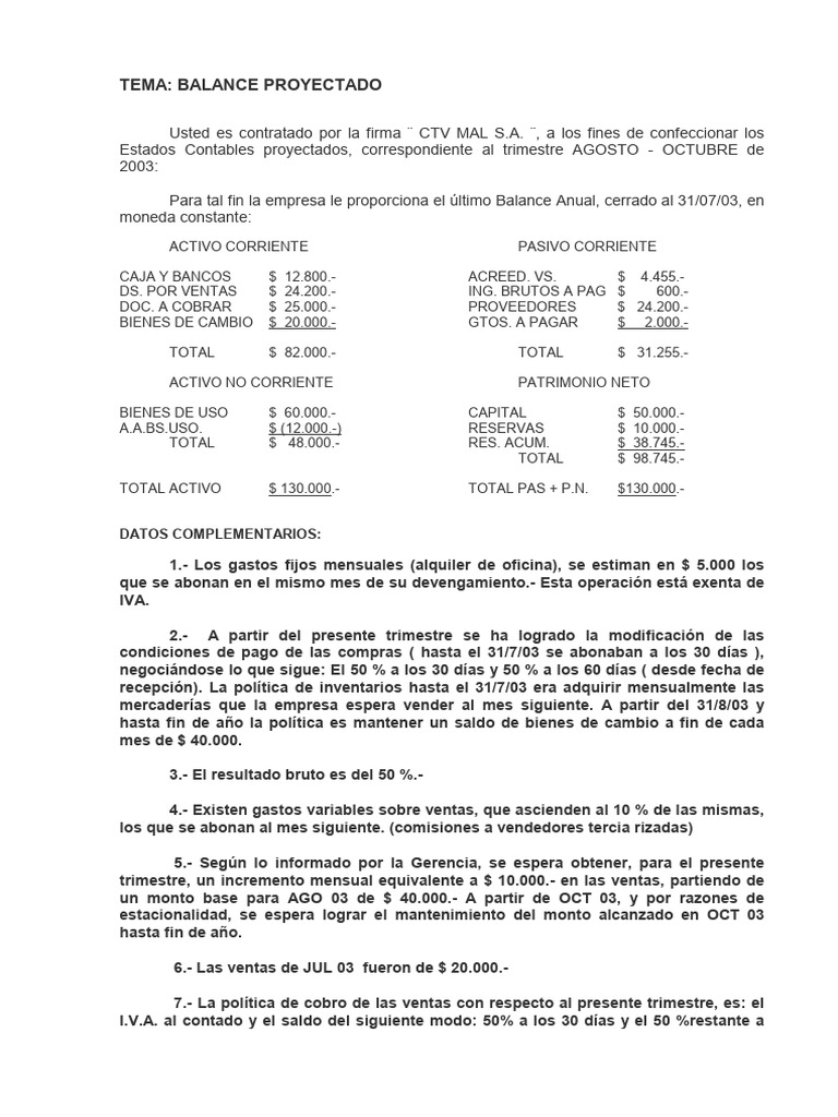 Ejercicio Balance Proyectado Clase 2 | PDF