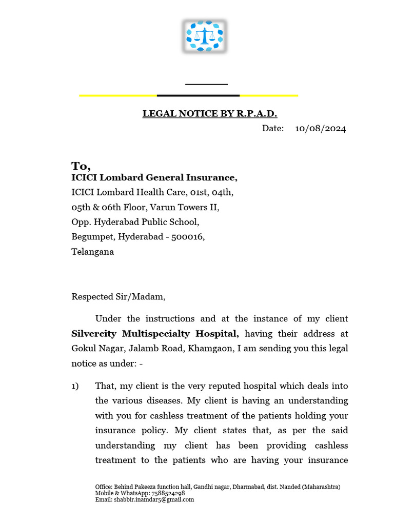 Silver City Hospital Notice To Icici Lombard Patient Name Shubham | PDF