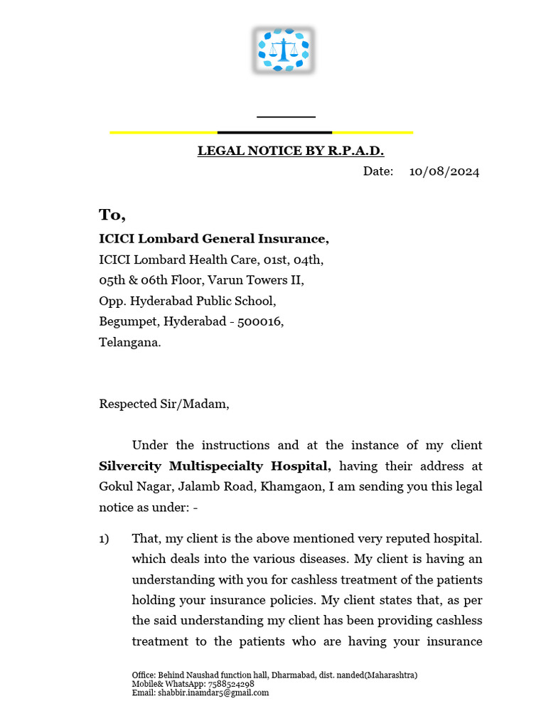 Silver City Hospital Notice To Icici Lombard Patient Name Rupali | PDF