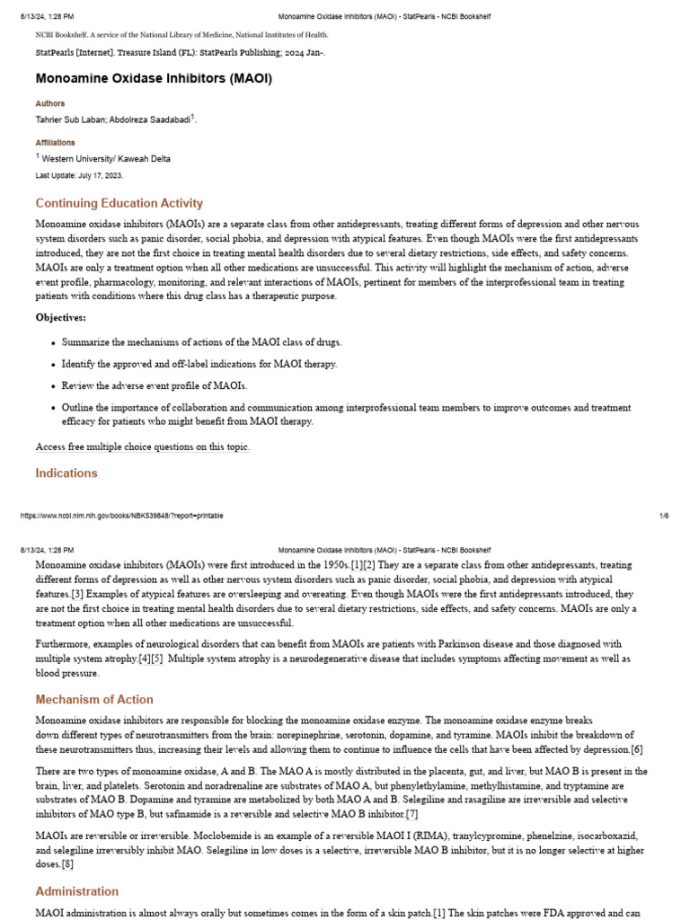 Monoamine Oxidase Inhibitors (MAOI) - StatPearls - NCBI Bookshelf | PDF