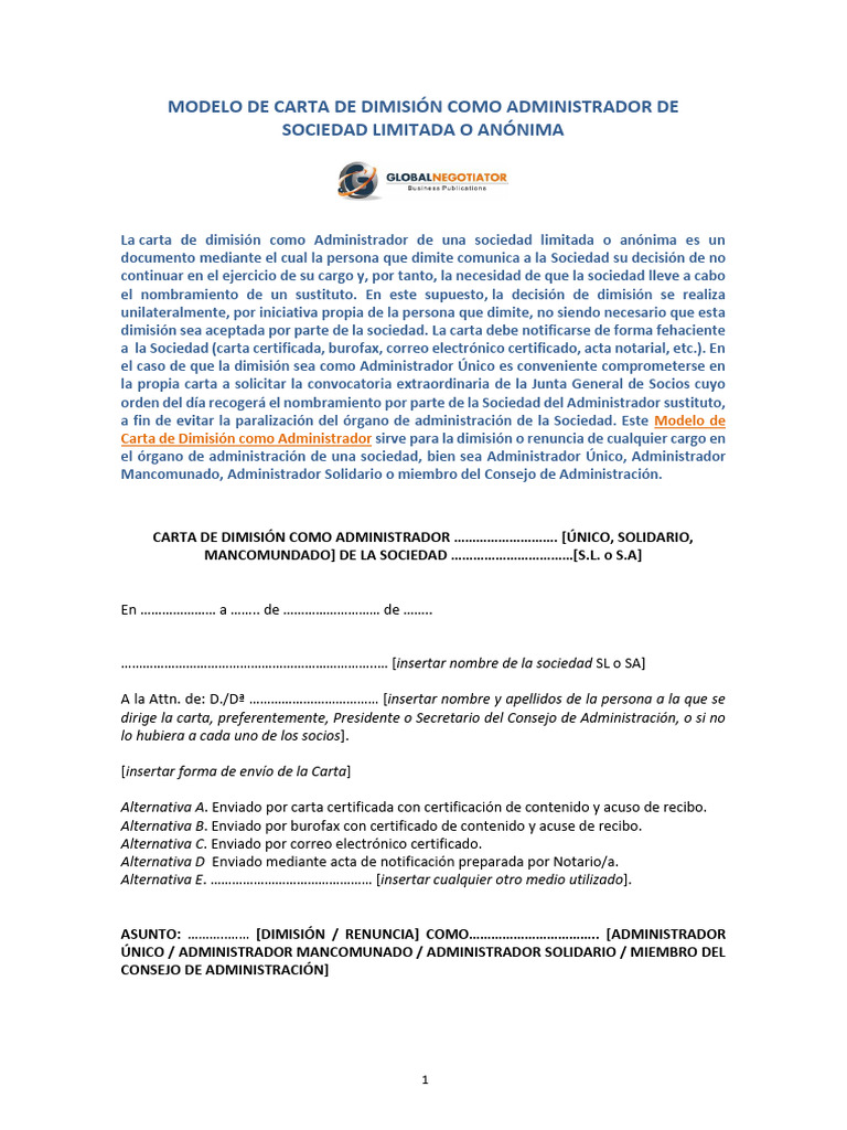Modelo Carta de Dimision Administrador Sociedad Limitada Anonima | PDF