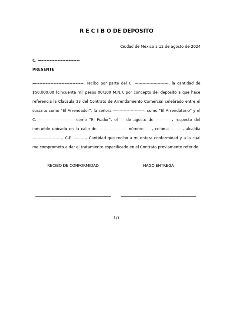 Formato de Recibo Depósito de Arrendamiento | PDF