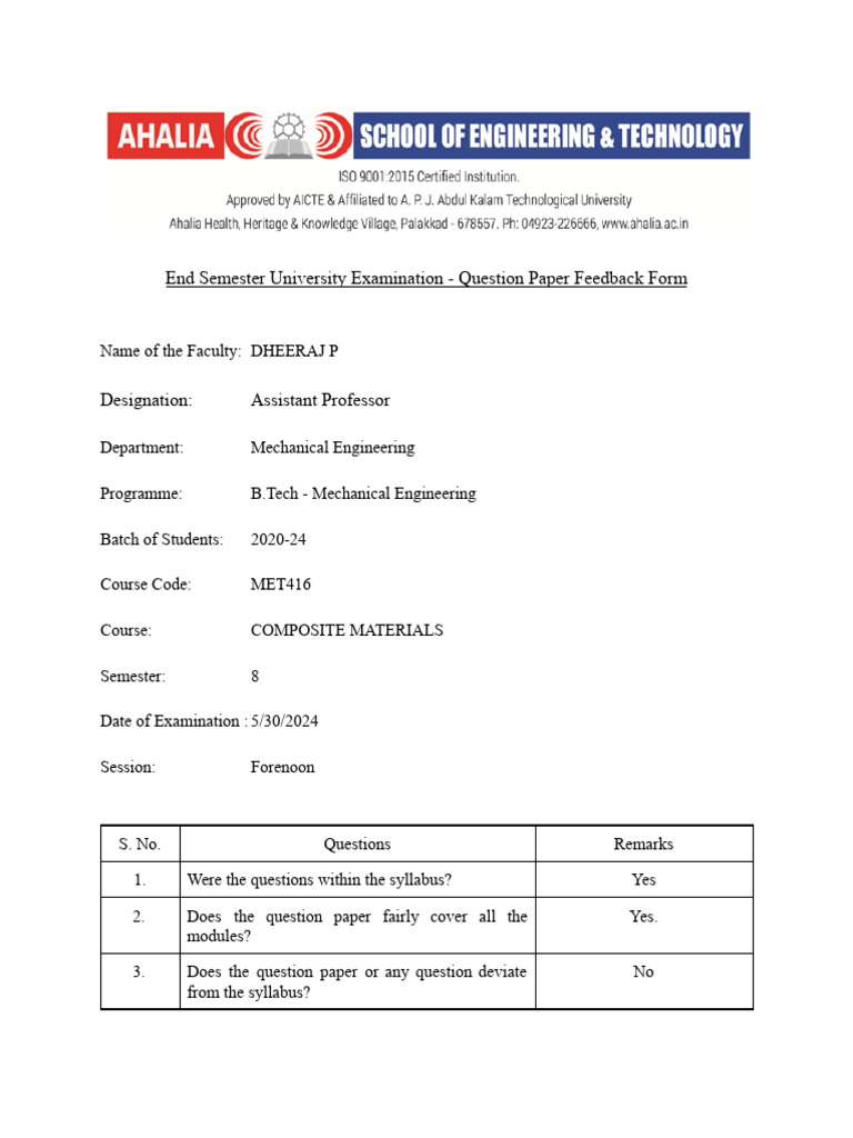 End Semester University Examination - Question Paper Feedback - MET416 ...