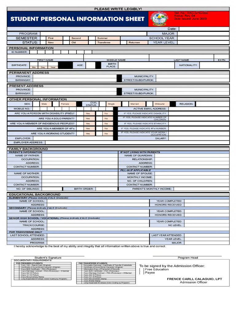 Student Perso N A L in Fo RM Atio N Sheet: Please Write Legibly! | PDF