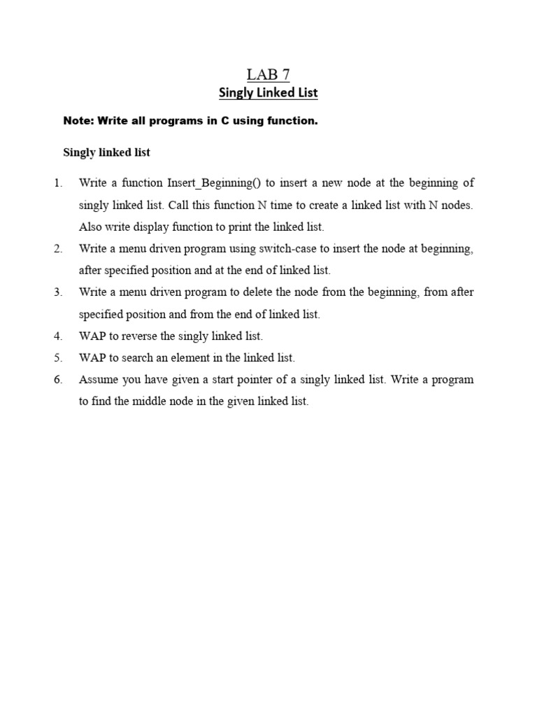 Lab 7 Singly Linked Lists Pdf 