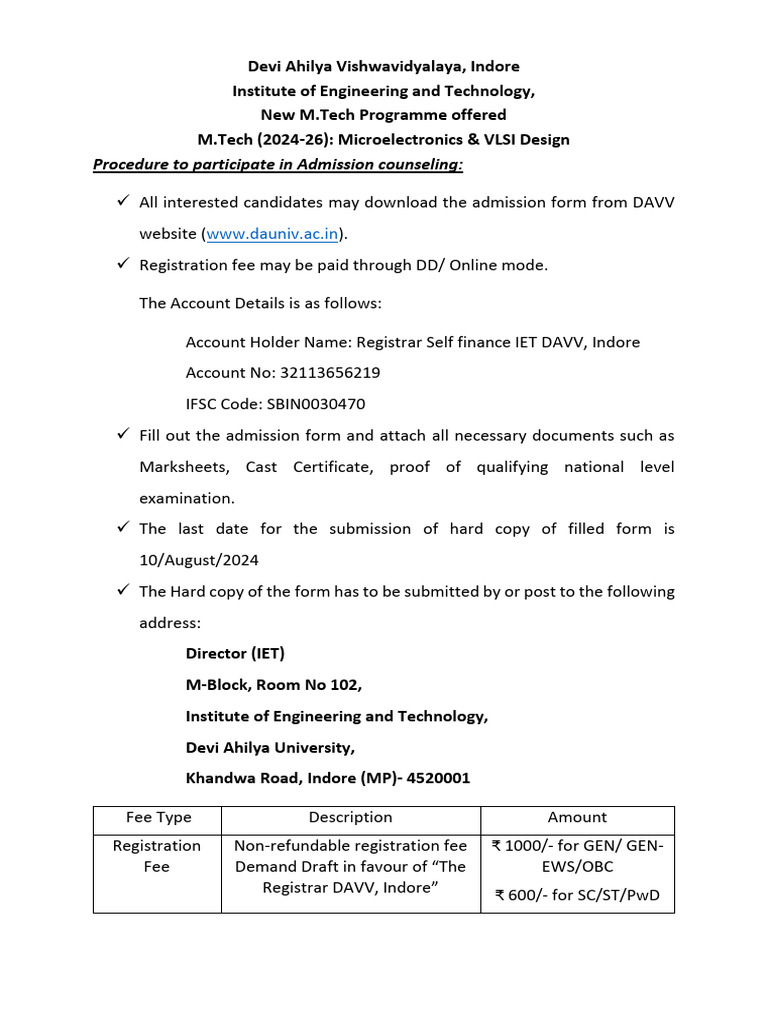 M.tech Admission Form 2024 25 | PDF