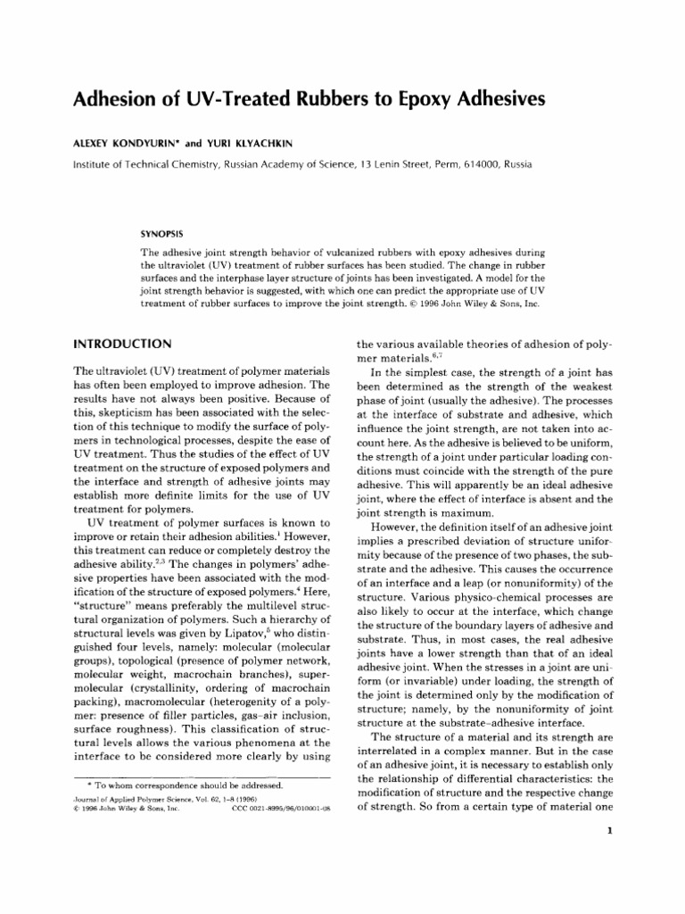 Adhesion of UV-treated Rubbers To Epoxy Adhesives | PDF | Adhesive | Ultraviolet