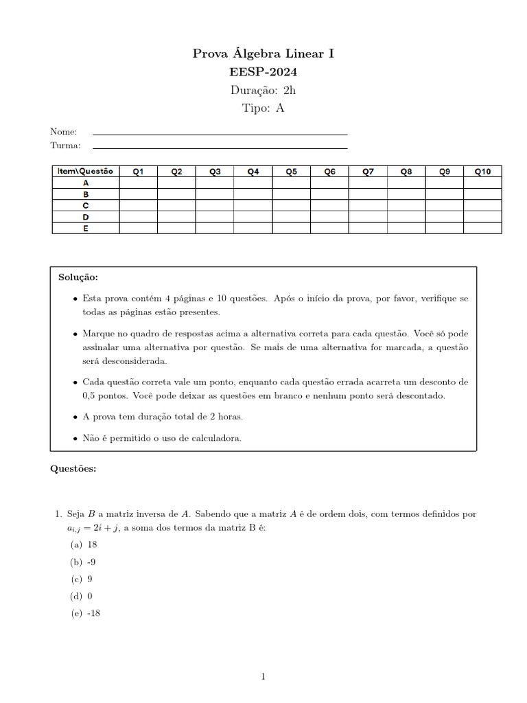 Prova_1___Algebra_Linear___Tipo_A | PDF