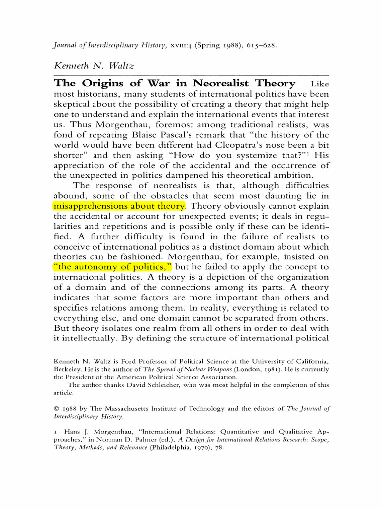 The Origins of War in Neorealist Theory - Kenneth Waltz | PDF