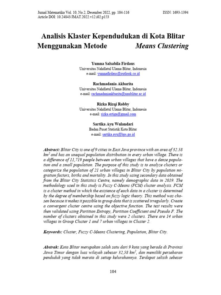 Analisis Klaster Kependudukan Di Kota Blitar Menggunakan Metode Fuzzy C-Means Clustering | PDF