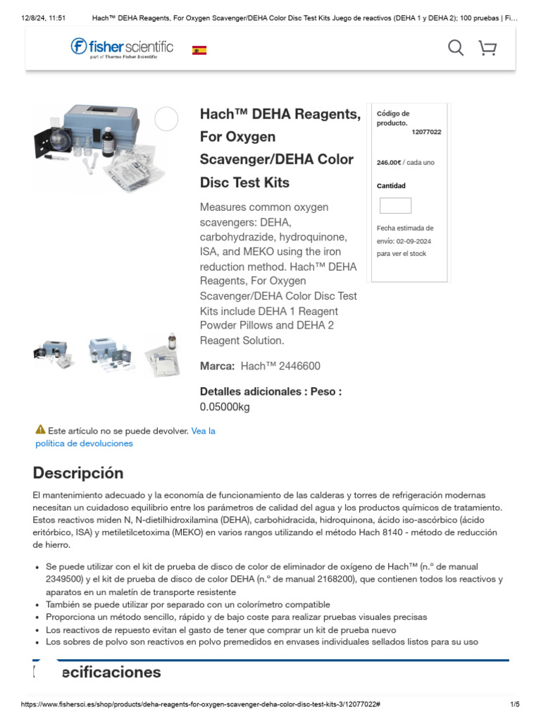 Hach™ DEHA Reagents, For Oxygen Scavenger_DEHA Color Disc Test Kits ...