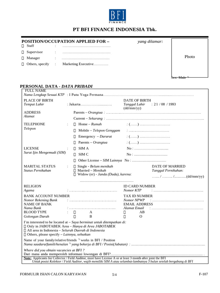 F-107 FORM PELAMAR KERJA_2 | PDF