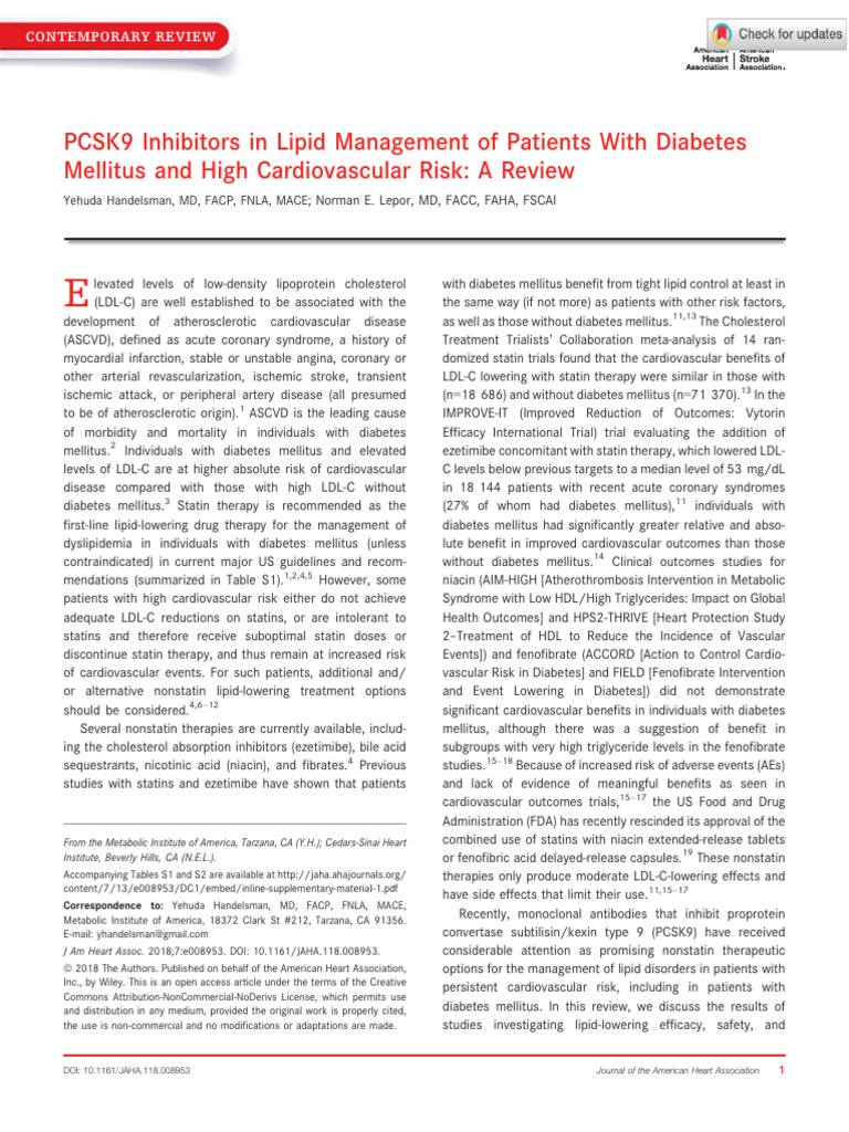 Handelsman Lepor 2018 pcsk9 Inhibitors in Lipid Management of Patients ...
