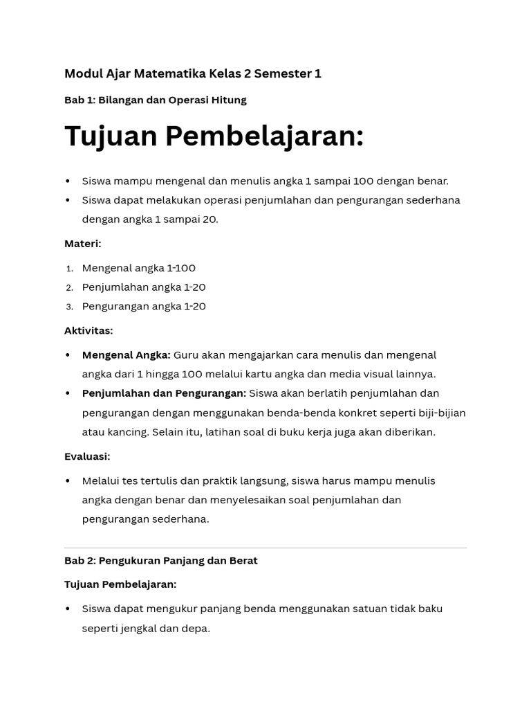 Modul Ajar Matematika Kelas 2 Semester 1 | PDF