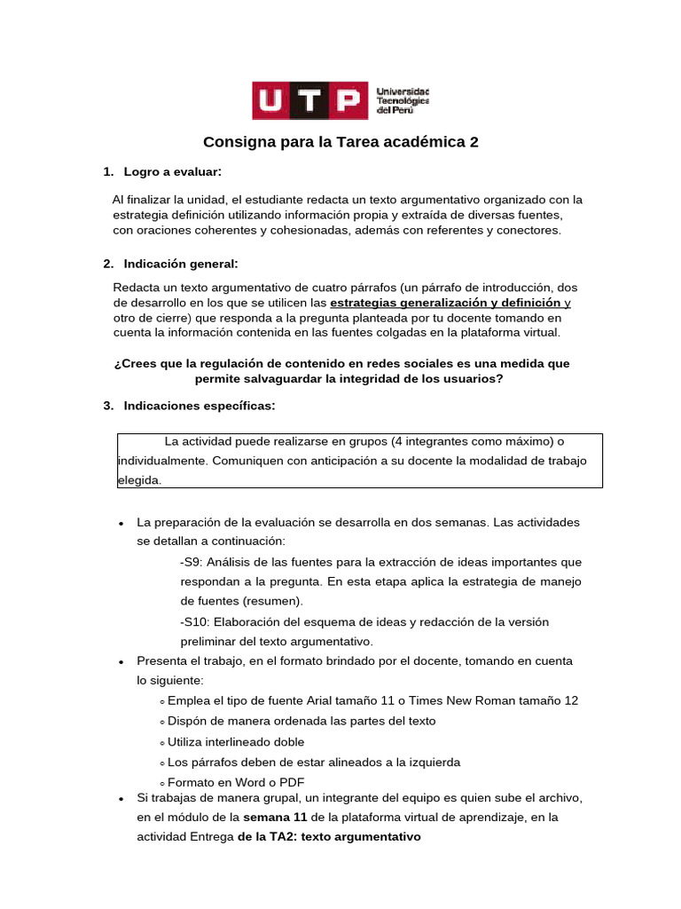Consigna para La Tarea Académica 2: 1. Logro A Evaluar | PDF