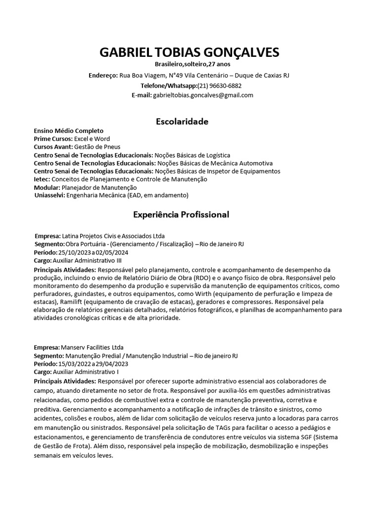 Currículo de Gabriel Tobias Gonçalves | PDF | Logística | Tecnologia ...