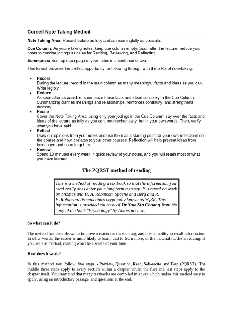 Cornell Note Taking Method | PDF