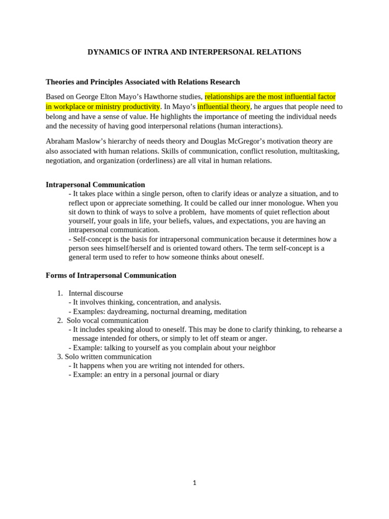 Handout For Dynamics of Intra and Interpersonal Relations | PDF