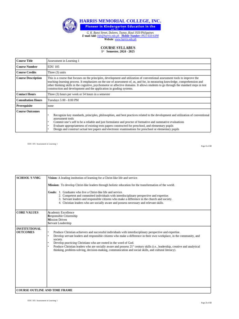 Syllabus Assessment in Learning 1 2024 2025 | PDF