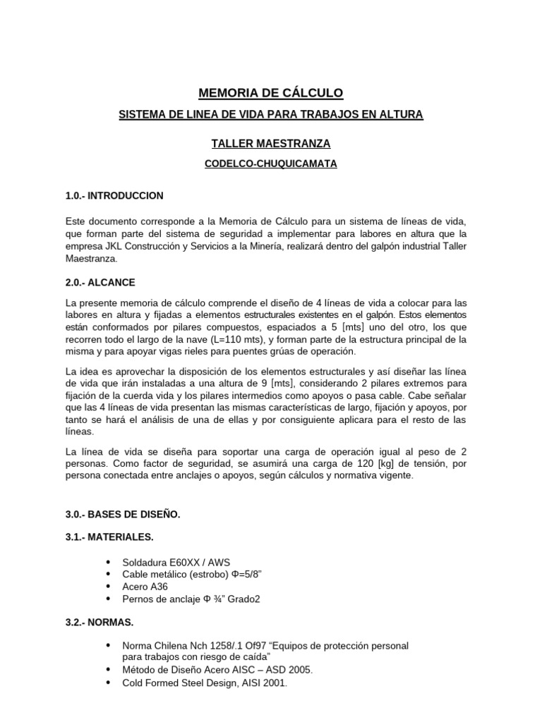 MEMORIA DE CALCULO SISTEMA LINEA DE VIDA Taller Maestranza | PDF MEMORIA DE CALCULO SISTEMA LINEA DE VIDA Taller Maestranza | PDF
