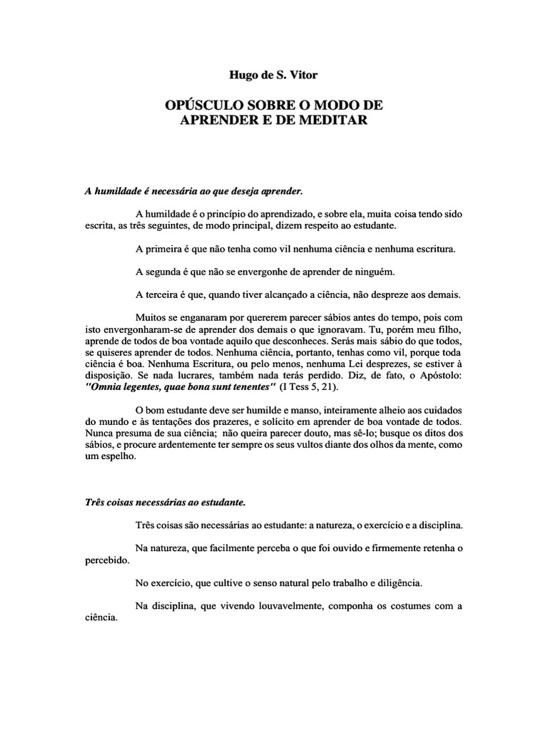Opúsculo Sobre o Modo de Estudar e Aprender - VITOR, Hugo de São | PDF
