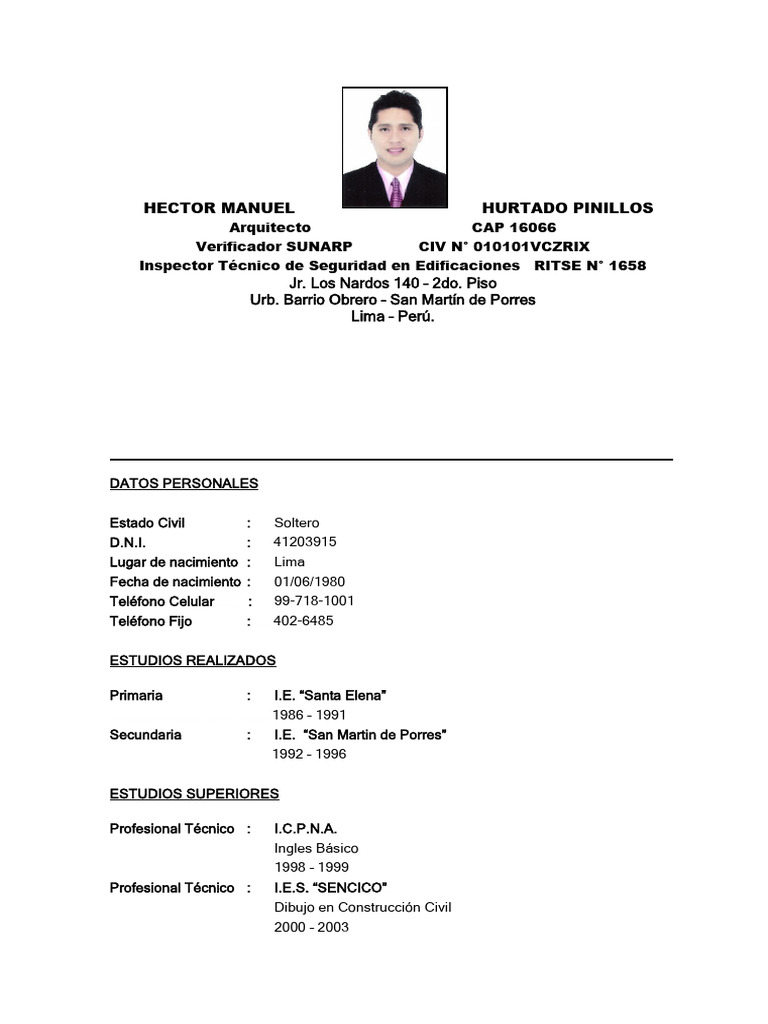 Curriculum Arquitecto Hector Hurtado Pinillos | PDF