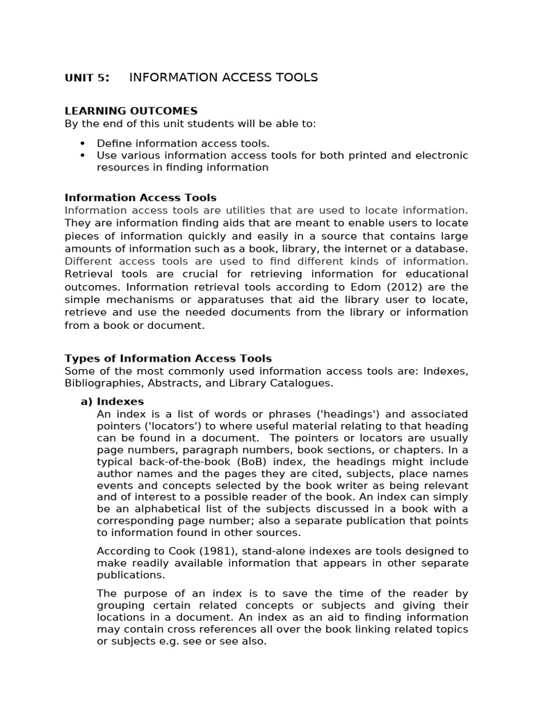 Unit Five Information Access Tools | PDF