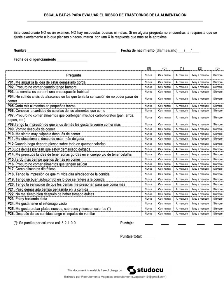 ESCALA EAT-26 PARA EVALUAR EL RIESGO DE TRASTORNOS DE LA ALIMENTACIÓN | PDF