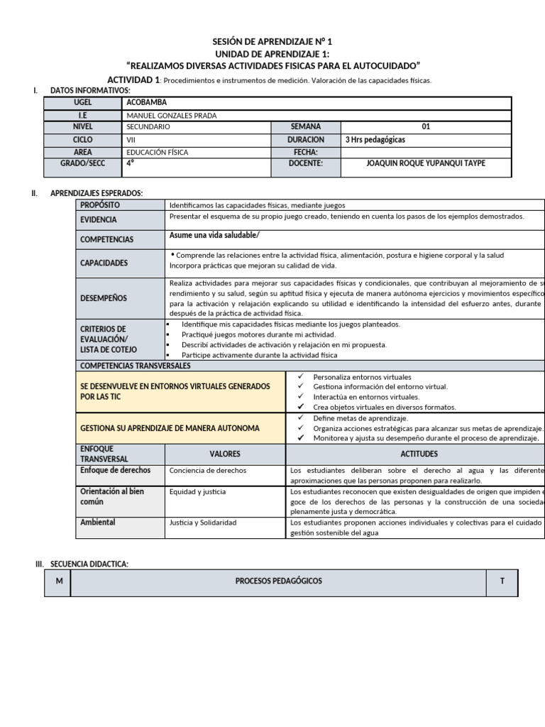 Sesión de Aprendizaje N°1 4° | PDF