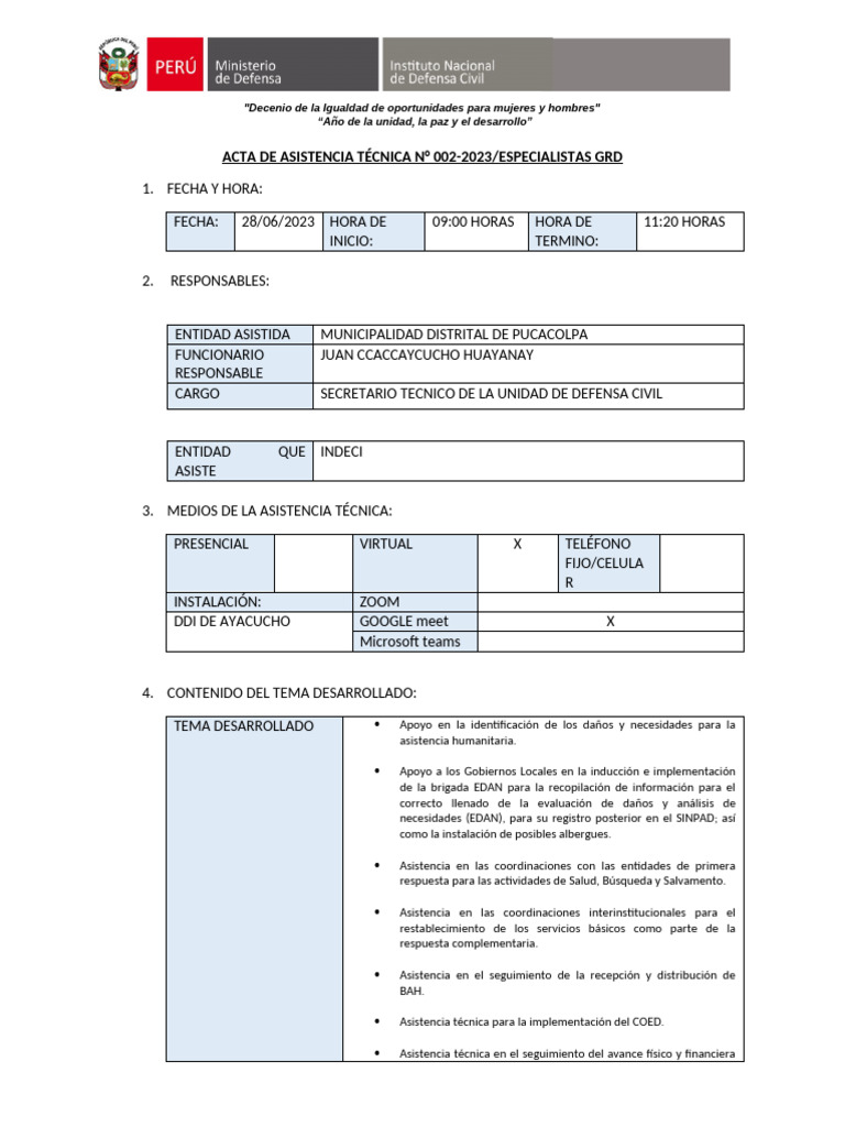 Acta de Asistencia Tecnica N°002-2023 | PDF