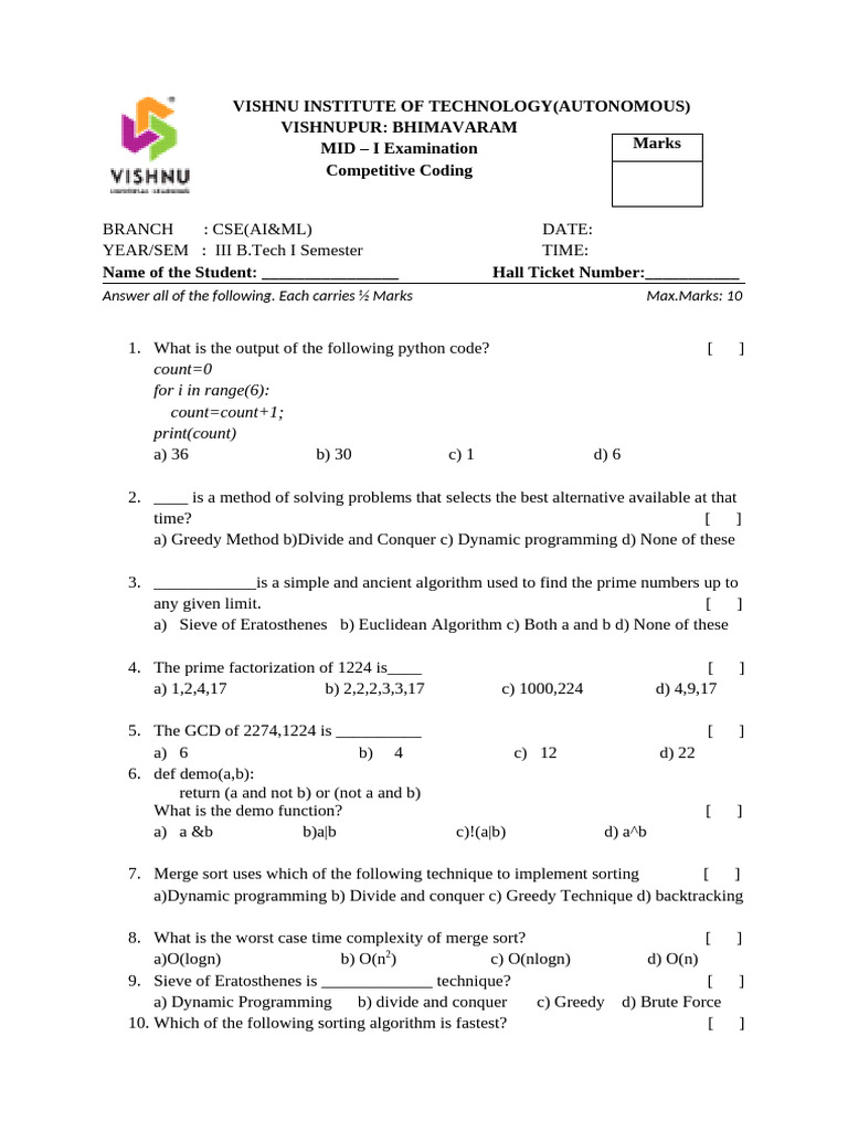 Competitive Coding Mid I Exam - AI&ML III Year Set 1 | PDF