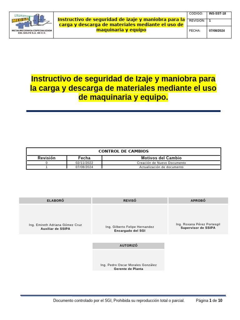 Ins-Sst-18 - Instructivo de Izaje para La Carga y Descarga de Materiales Mediante El Uso de ...