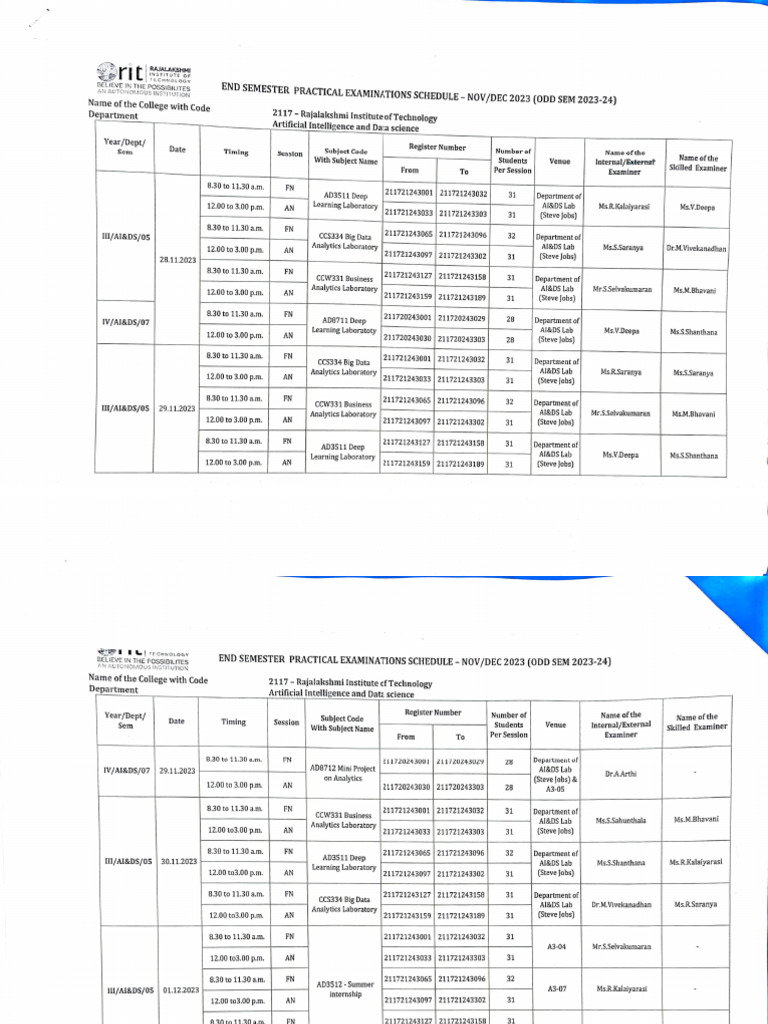 END Semester Practical Schedule Nov 2023 | PDF
