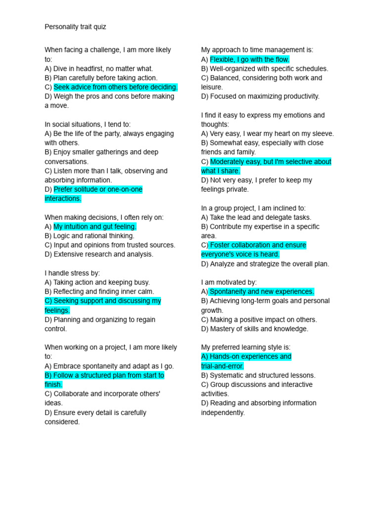 Personality Quiz | PDF