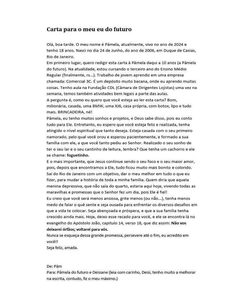 Carta Para O Meu Eu Do Futuro Pdf