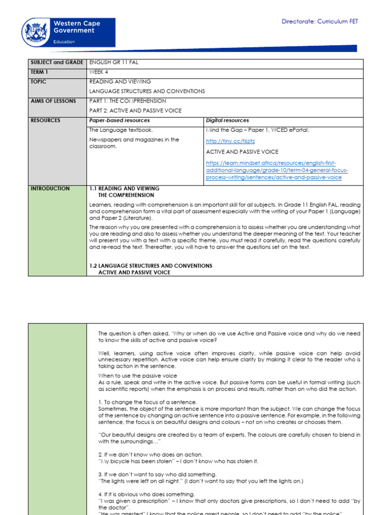 English FAL Grade 11 Term 1 Week 4 - 2021 | PDF