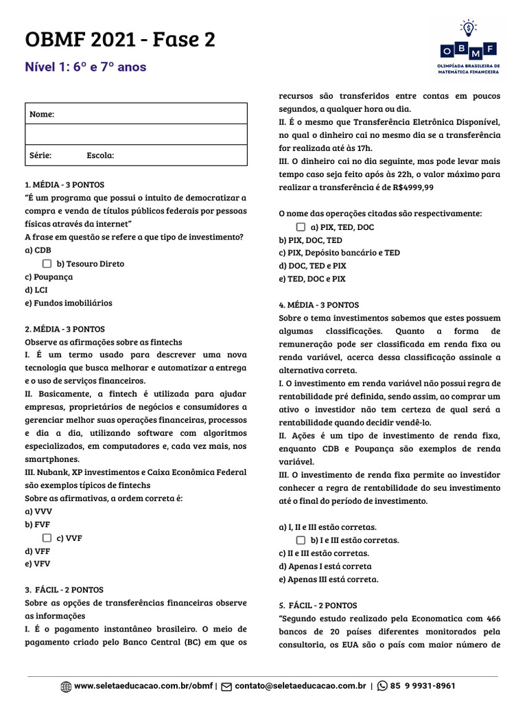 OBMF 2021 - Fase 2 - Nível 1 - Gabarito | PDF | Investimentos | Renda fixa