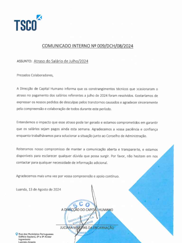 COMUNICADO INTERNO #008-DCH-08-2024 - Atraso Do Sal Rio de Julho-2024 | PDF