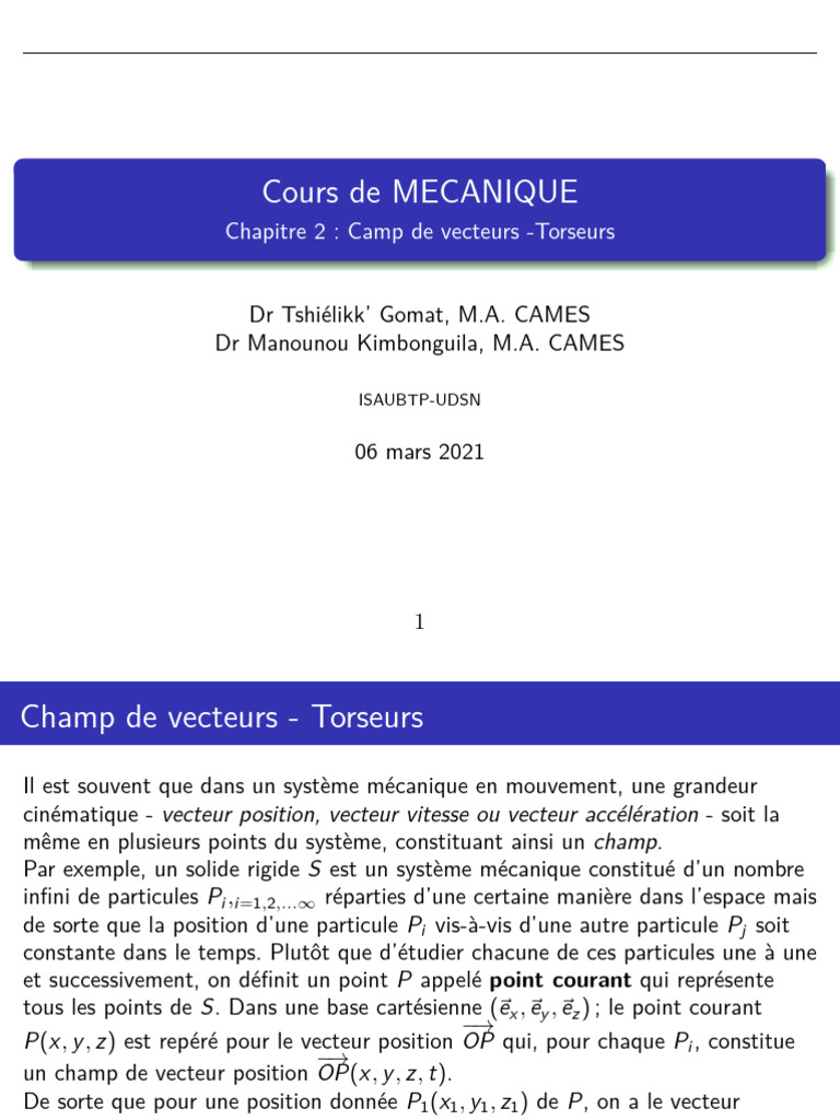 Chapitre-2.Champ de Vecteurs - Torseurs | PDF
