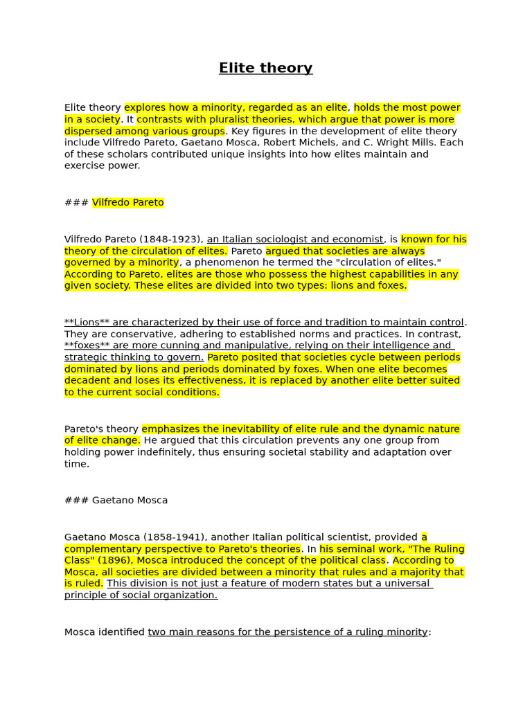 Political Elite Theory Notes | PDF | Elite | Finance & Money Management