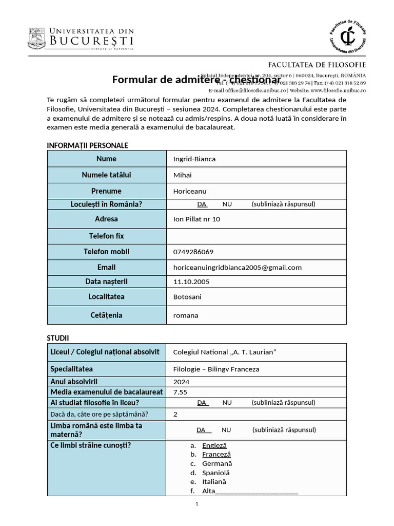 Admitere 2024 Formular Admitere Chestionar | PDF