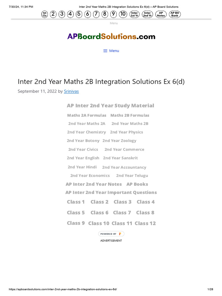 Inter 2nd Year Maths 2B Integration Solutions Ex 6(d) – AP Board ...