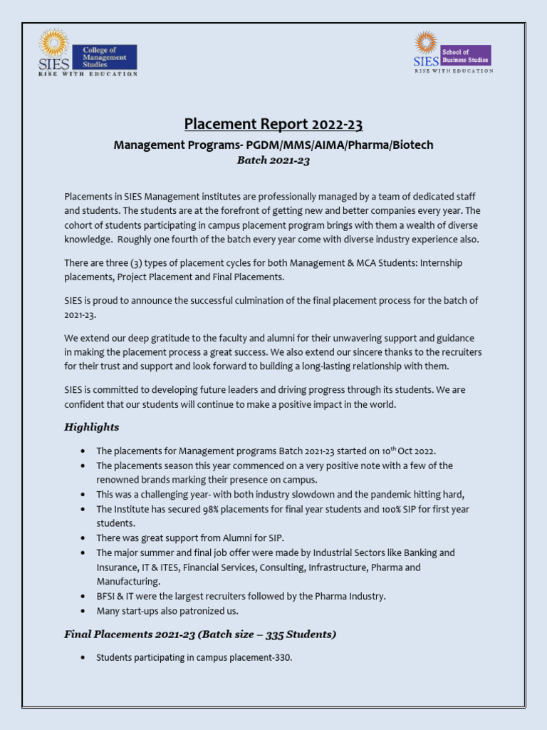 SIES Management Placement Report 2022-23 | PDF | Companies | Economy Of ...