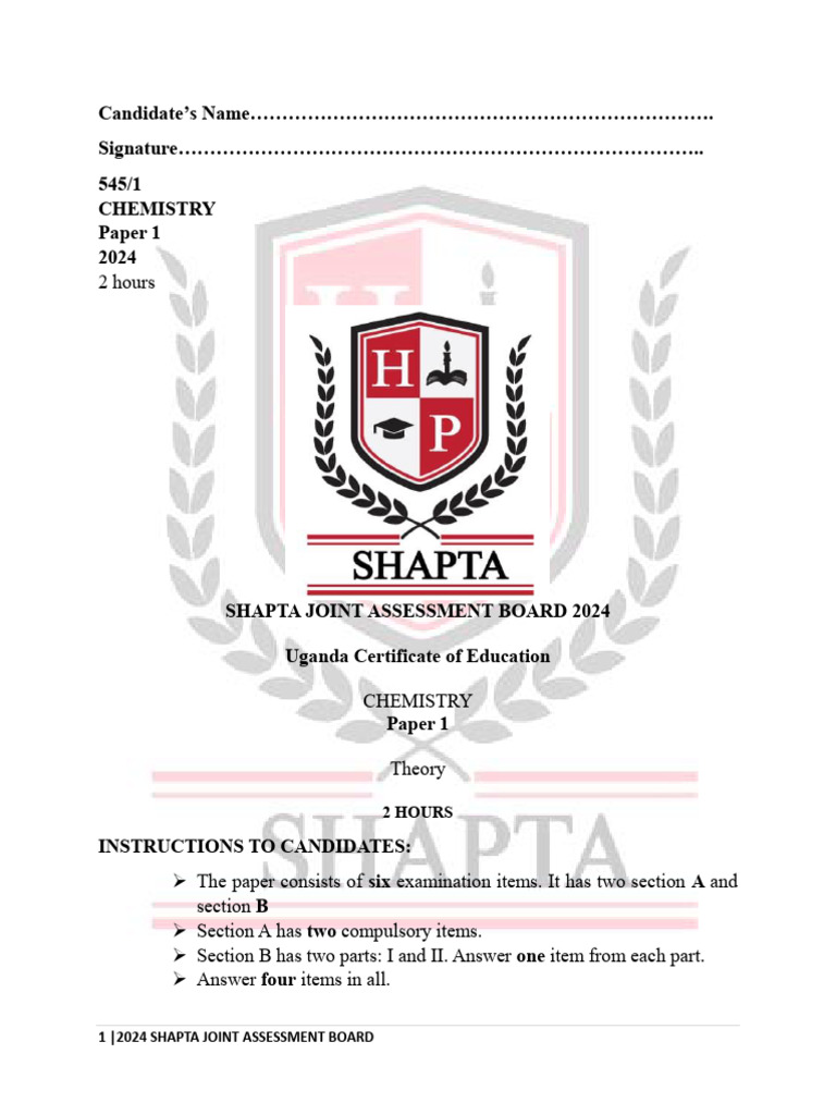 Shapta Uce Chemistry P1 2024 4 | PDF