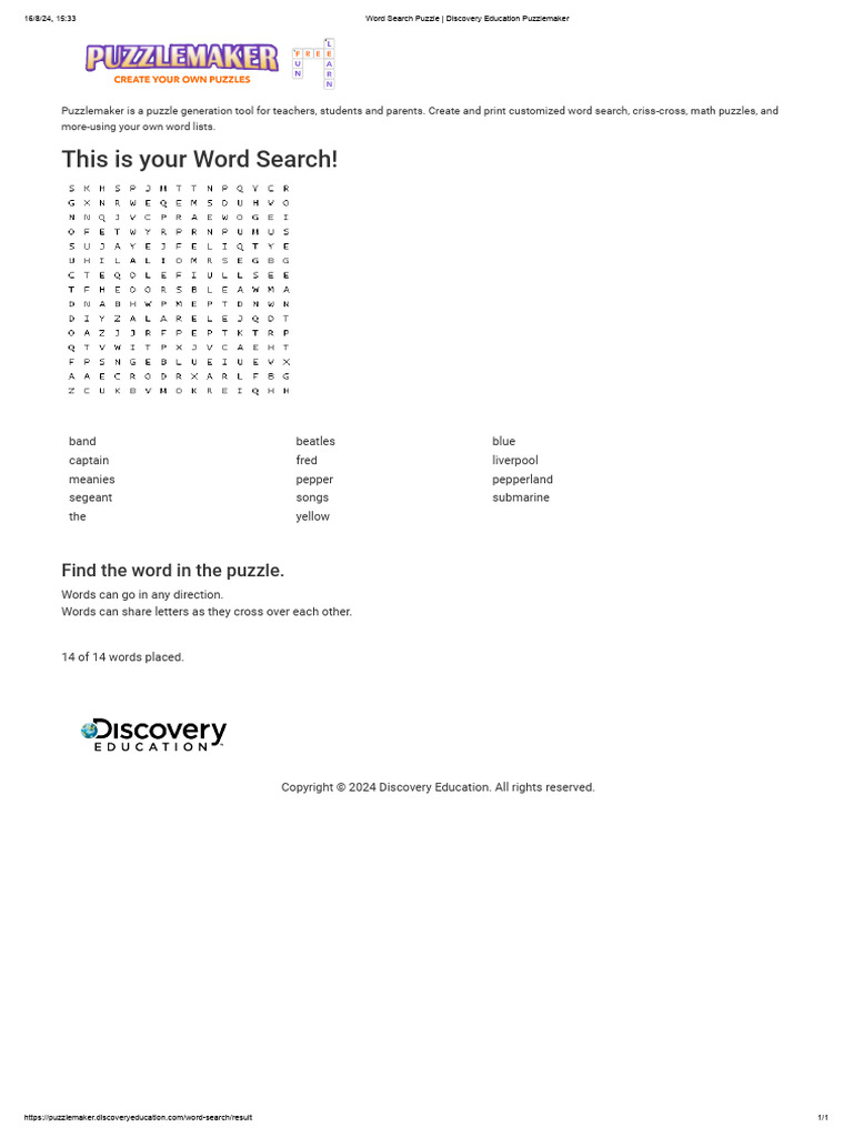 Word Search Puzzle - Discovery Education Puzzlemaker | PDF
