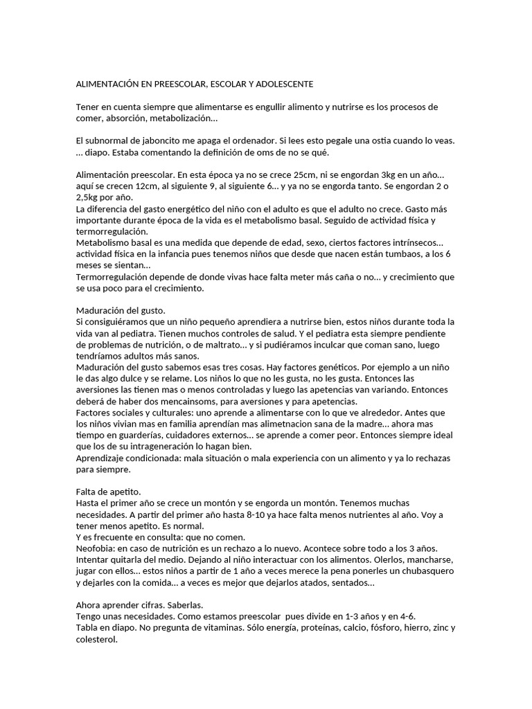Alimentación Del Preescolar, Escolar y Adolescente | PDF