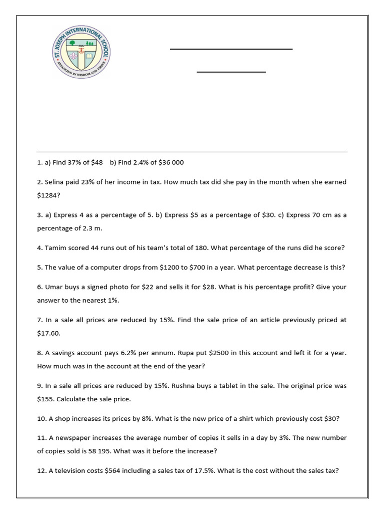 Worksheet Percentages Pdf